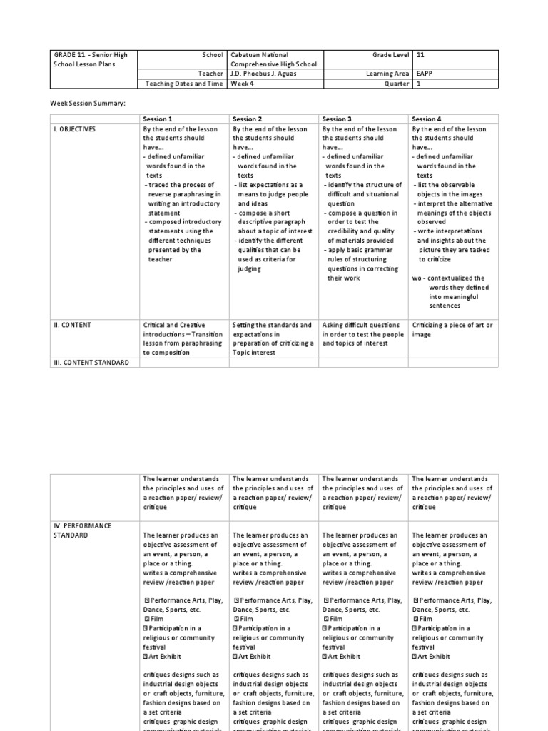 Grade 11 EAPP Lesson Plans | PDF | Educational Assessment | Teachers
