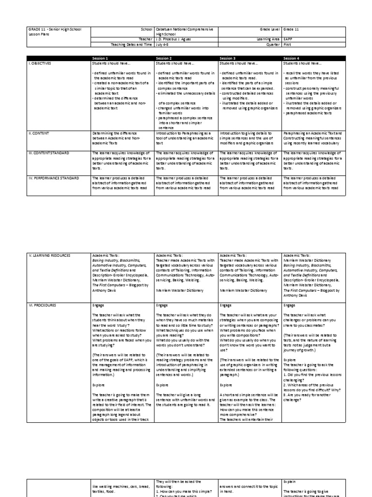 Grade 11 EAPP Lesson Plans | PDF | Educational Assessment | Learning