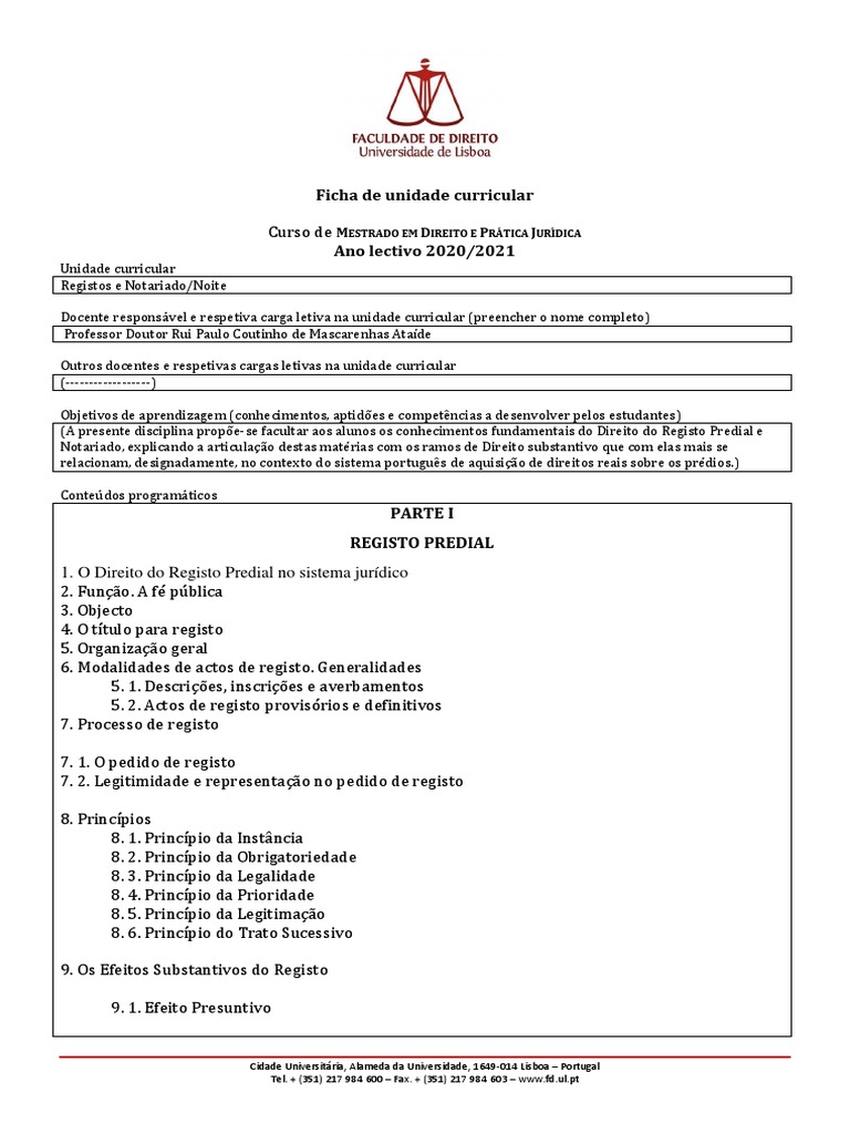 Registos e Notariado Ficha de Unidade Curricular | PDF | Lei de ...