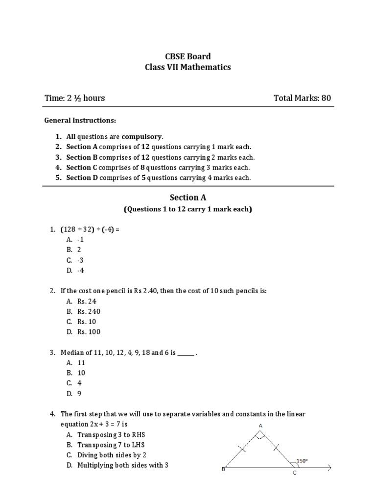 Maths Sample Paper 1 | PDF | Triangle | Mathematics