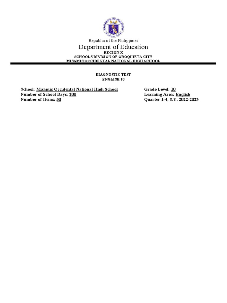 TOS-Diagnostic Test 22-23 Grade 10 | PDF | English Language | Cognition
