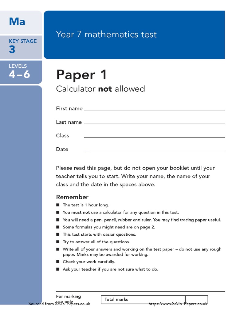Year 7 Optional 2011 Mathematics Levels 4 6 Paper 1 | PDF