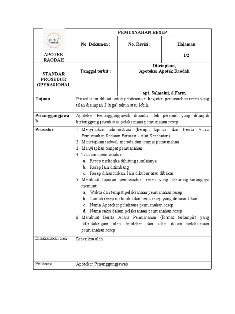 SOP Pemusnahan Resep | PDF