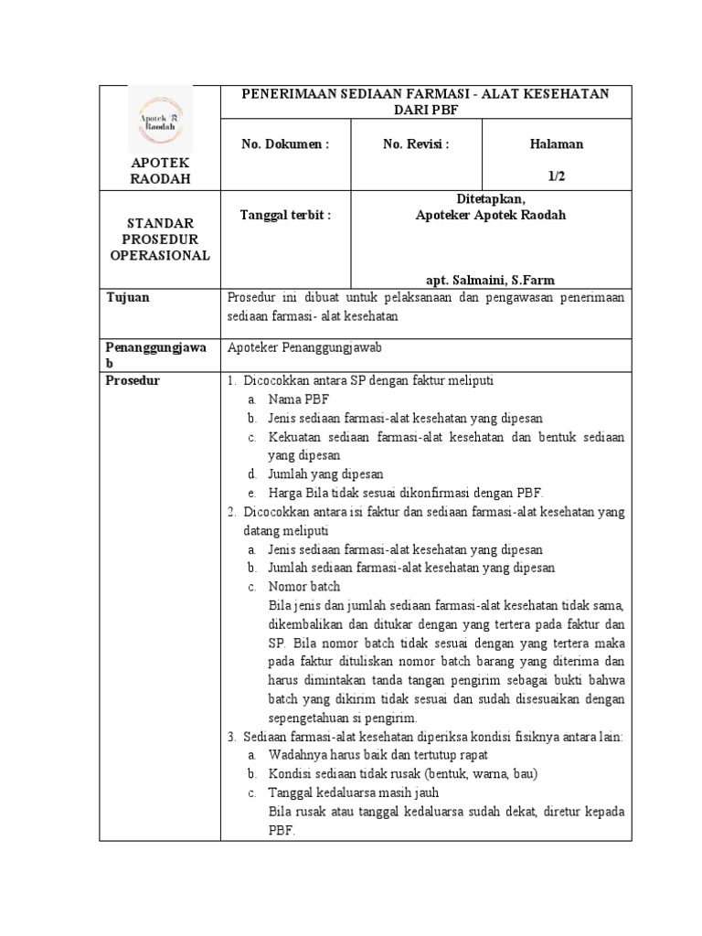 SOP Penerimaan Sediaan Farmasi-Alat Kesehatan Dari PBF | PDF