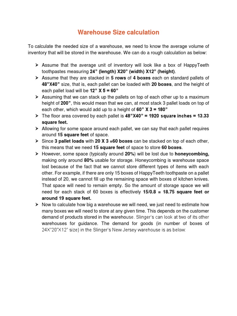 Warehouse Size Calculation | PDF | Warehouse | Pallet