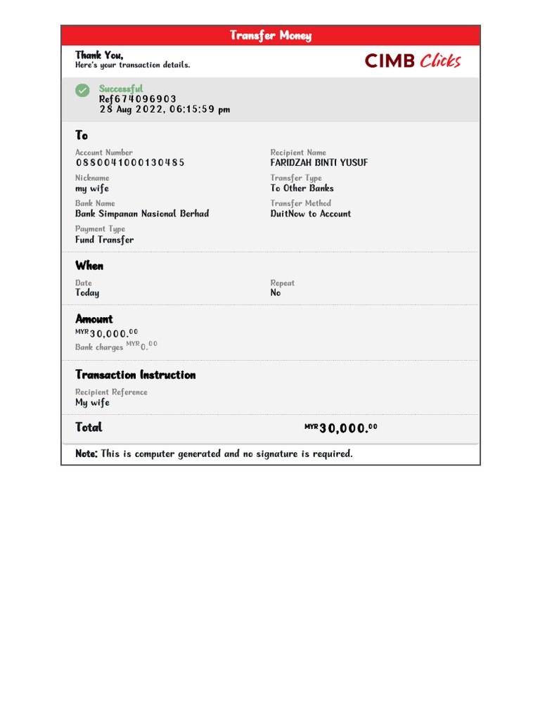 Transfer Money: Thank You | PDF