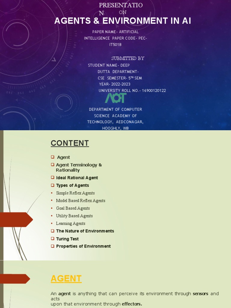 Agents & Environment in Ai: Submitted by | PDF | Perception | Cognitive ...