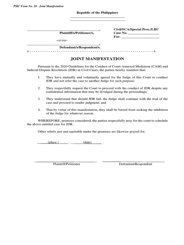 02 PMC Form No. 20 - Joint Manifestation | PDF