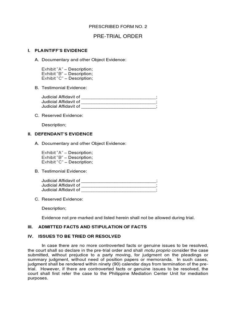 Prescribed Form No. 2 - Pre-Trial Order | PDF | Trials | Affidavit