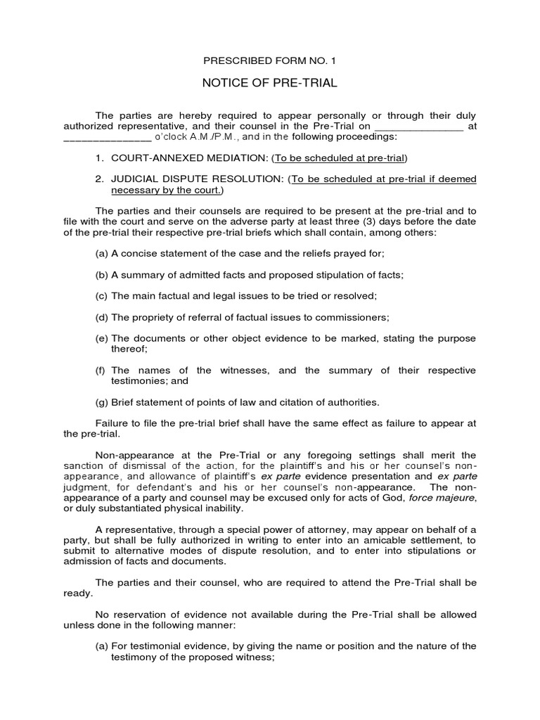 Prescribed Form No. 1 - Notice of Pre-Trial | PDF | Trials | Witness
