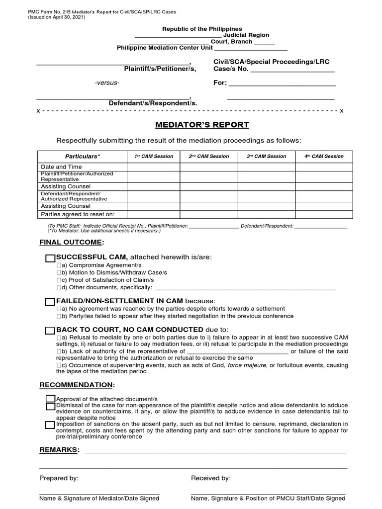 01 PMC Form No. 2 - Mediators Report | PDF | Mediation | Justice