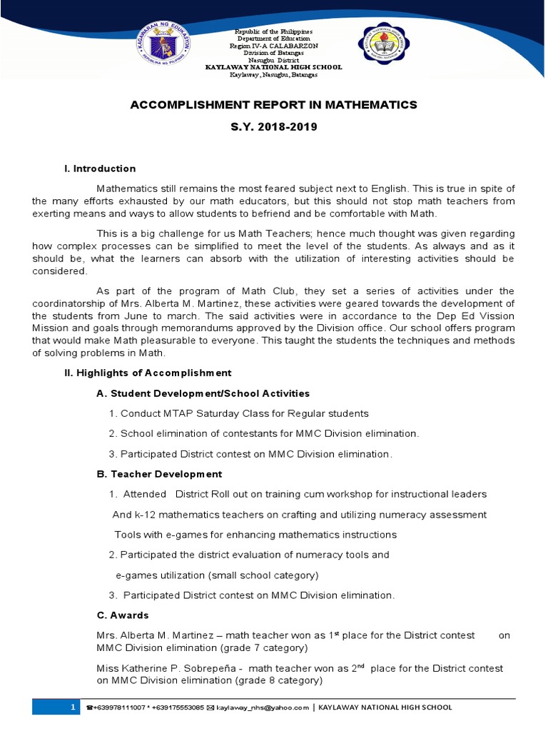 Accomplishment Report in Mathematics | PDF | Mathematics | Science ...