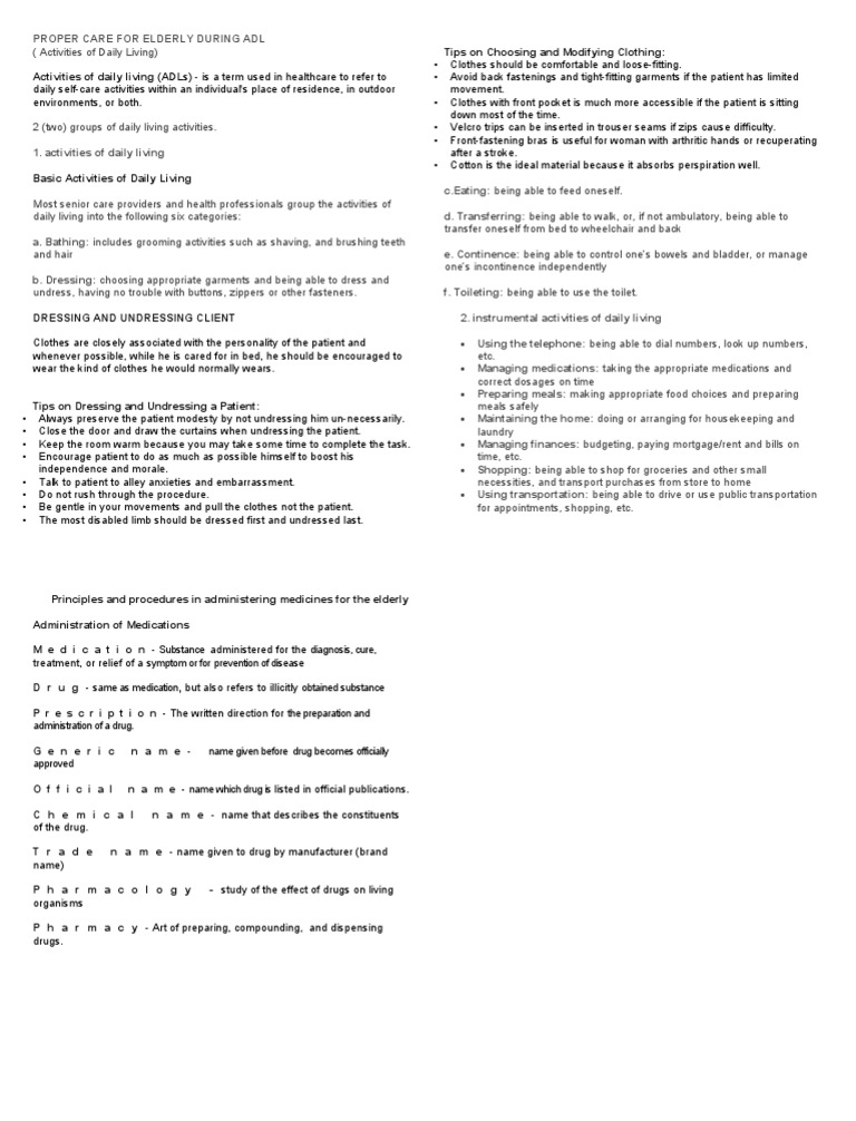 Elderly Care: ADL Tips & Medication Guide | PDF | Medical Specialties | Health Sciences