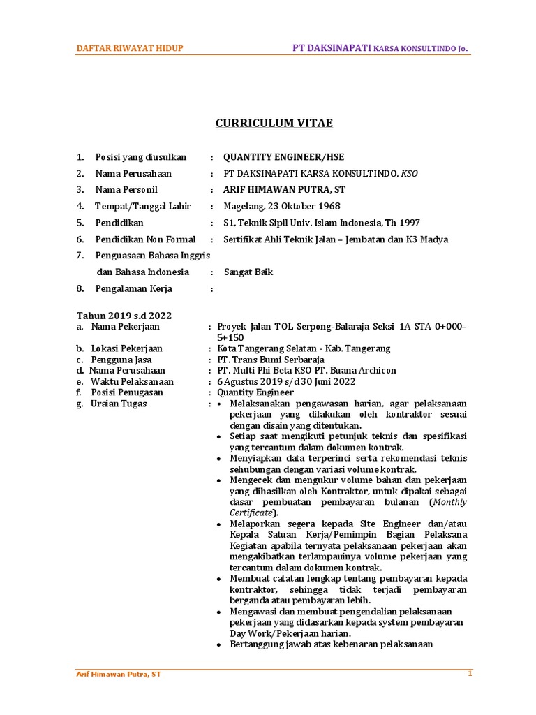 Profil Arif Himawan Putra, ST | PDF | Bisnis | Pengelolaan Keuangan & Uang