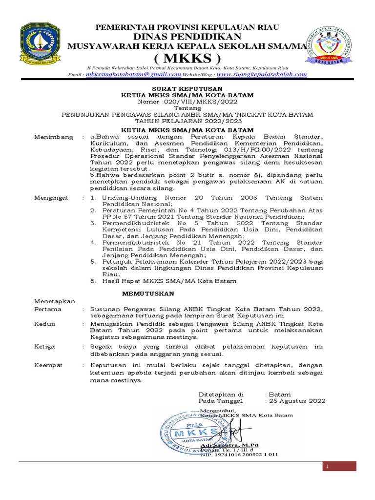 SK Pengawas Silang ANBK 2022 | PDF