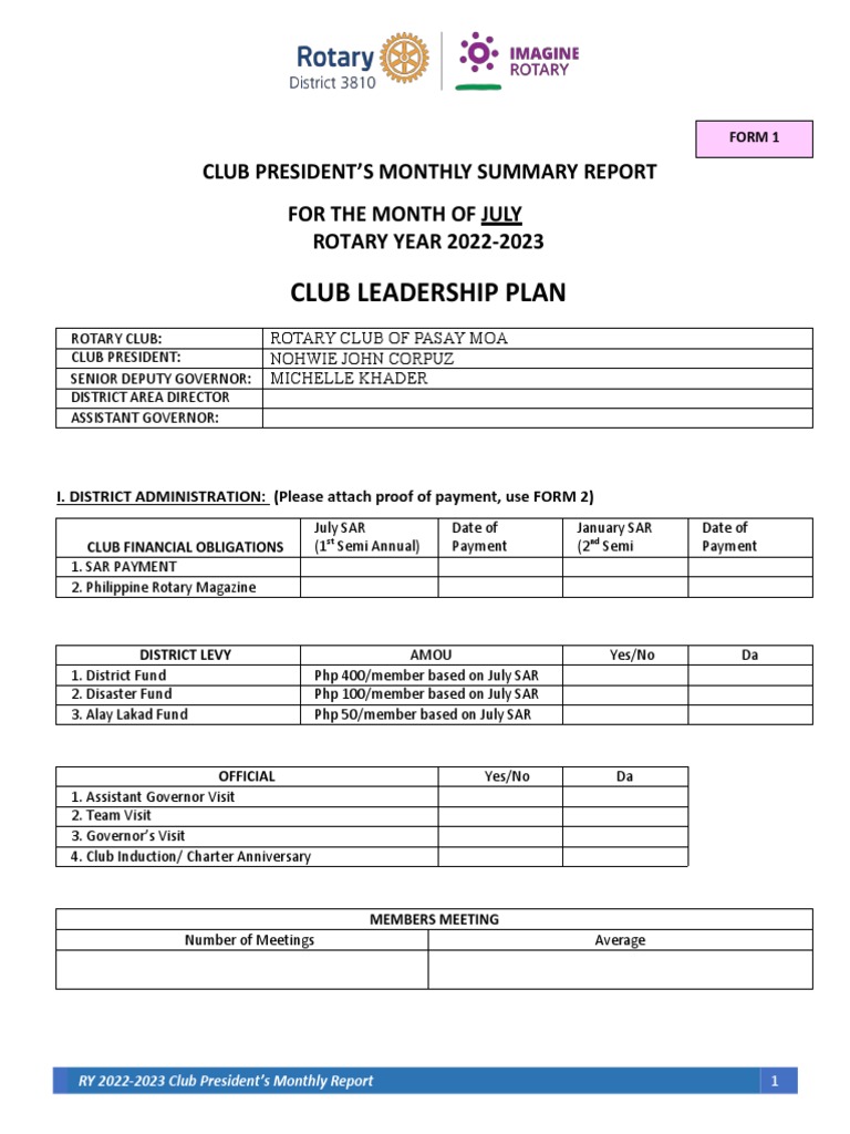 Clubs President Monthly Summary Report July | PDF