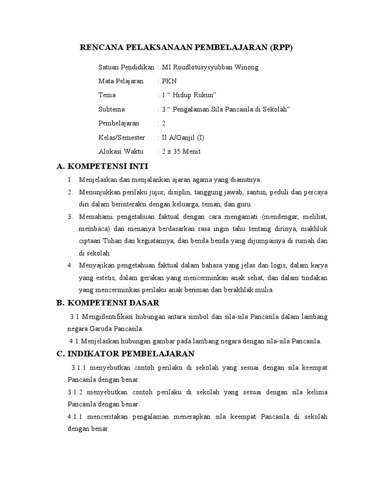 RPP PKN Kelas 2: Pengamalan Pancasila | PDF | Karier & Perkembangan | Seni & Disiplin Bahasa