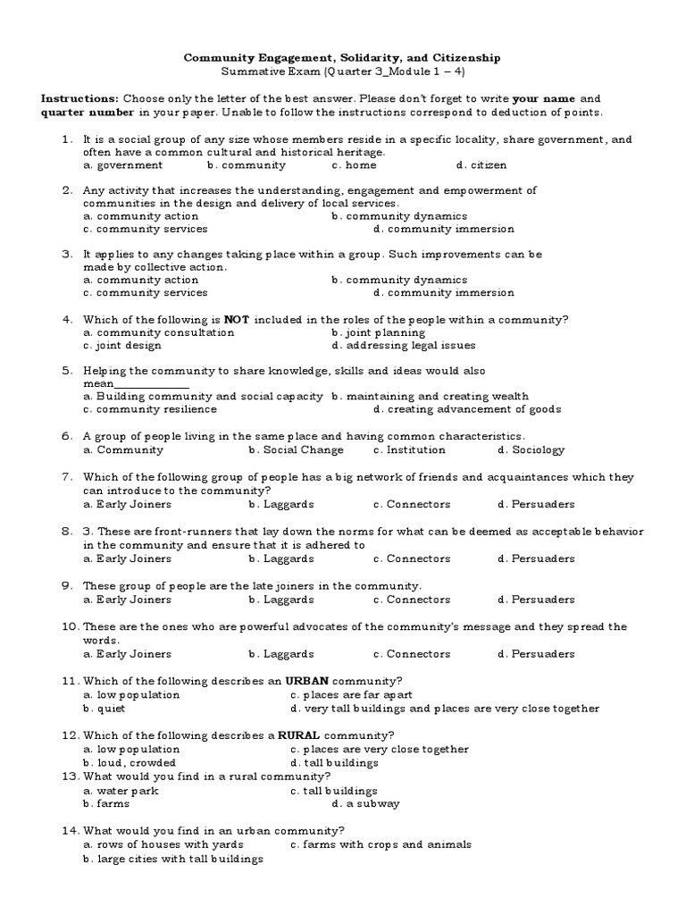 Community Engagement, Solidarity, and Citizenship: Summative Exam ...