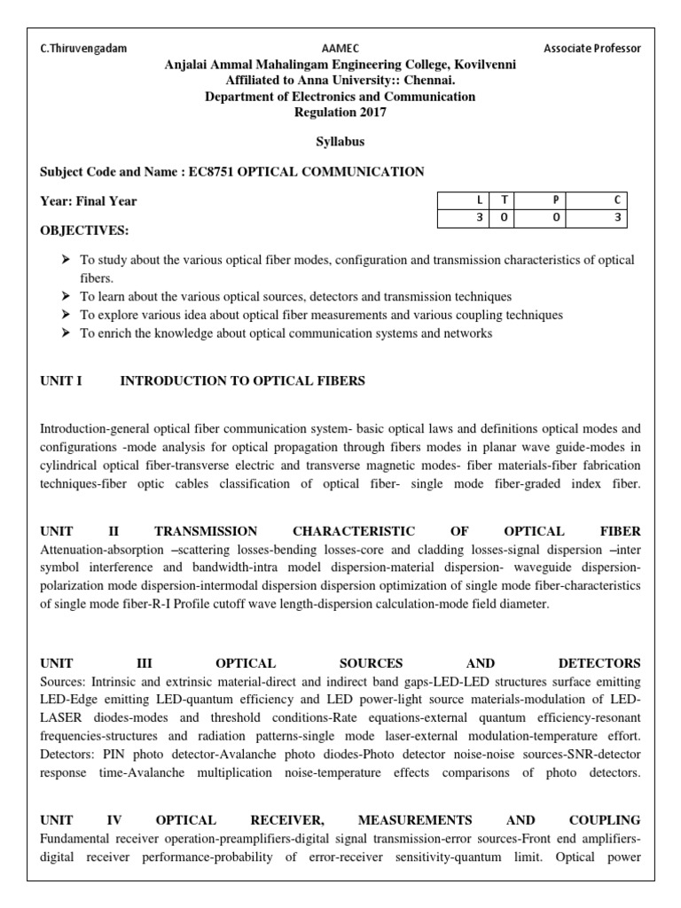 Ec8751 Optical Communication | PDF | Optical Fiber | Optics