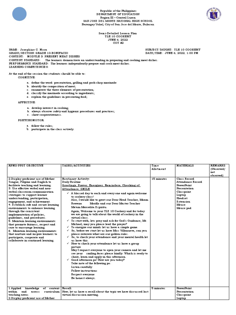 Cot 2-Cook and Present Meat Dishes | PDF | Teaching Method | Learning