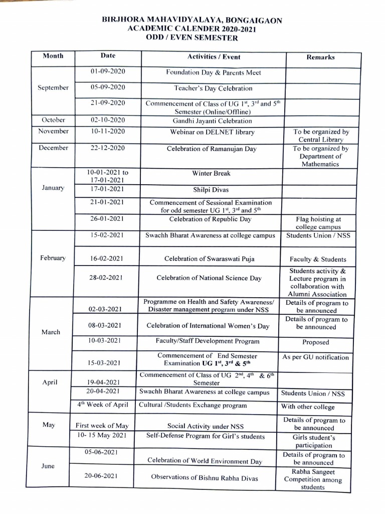 Academic Calendar 2020 - 02021 | PDF | Academic Term