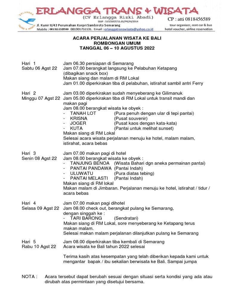 Acara Perjalanan Wisata Bali Umum 2022 - 1 | PDF