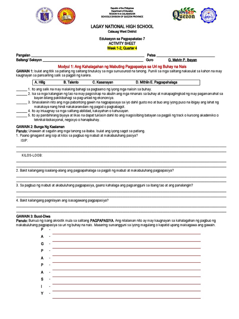 Esp 7 Week 1 2 q4 | PDF