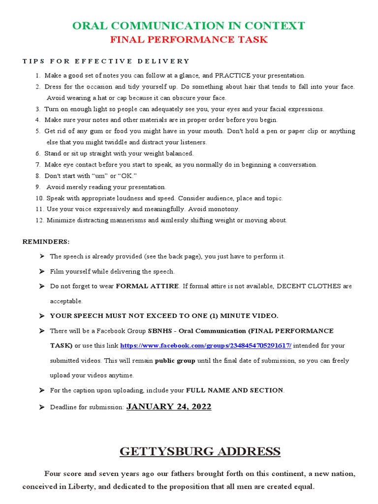 Oral Communication in Context: Final Performance Task | PDF