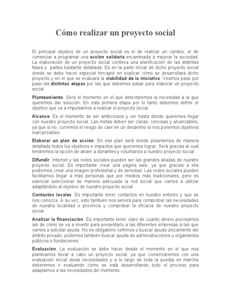 Pasos para elaborar un proyecto social | PDF | Evaluación | Planificación