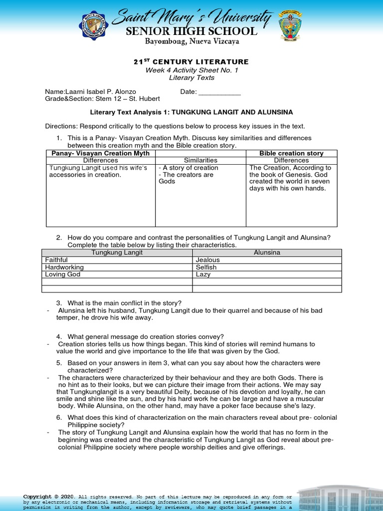 21 Century Literature: Week 4 Activity Sheet No. 1 Literary Texts | PDF ...