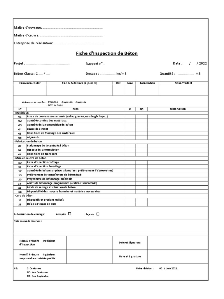 Fiche Inspection Bétonnage | PDF | Béton | Ingénierie des structures