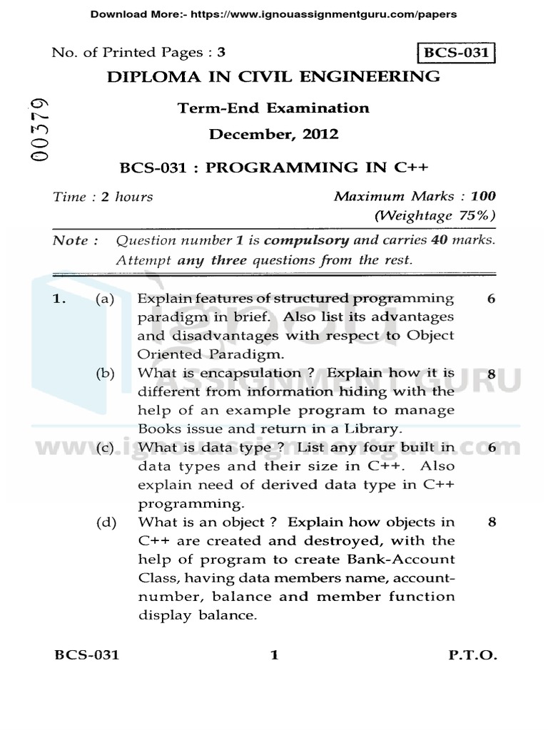 BCS 031 Previous Year Question Papers by Ignouassignmentguru | PDF | C++ | Class (Computer ...