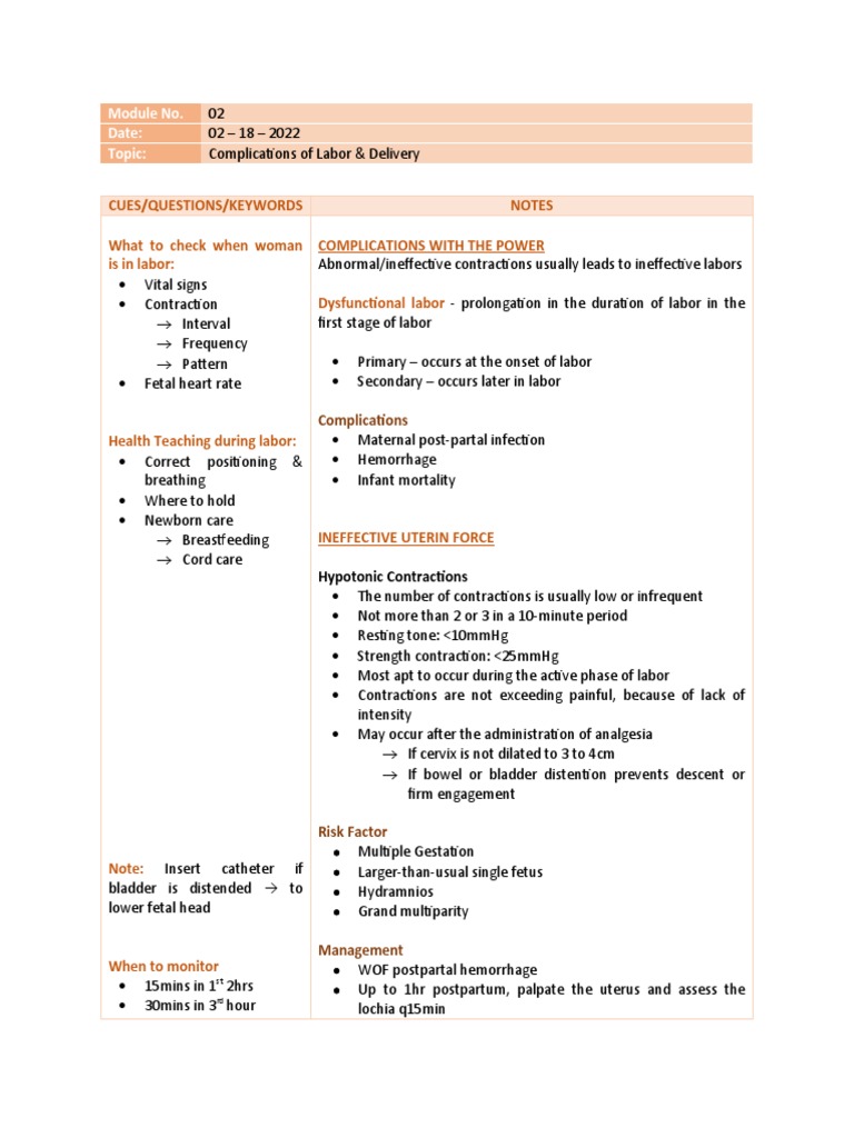 Cues/Questions/Keywords Notes What To Check When Woman Is in Labor ...