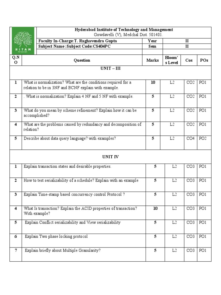 DBMS Mid-2 Question Bank | Download Free PDF | Data | Operating System Technology