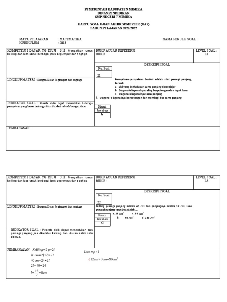Matematika UAS SMP 7 Mimika | PDF