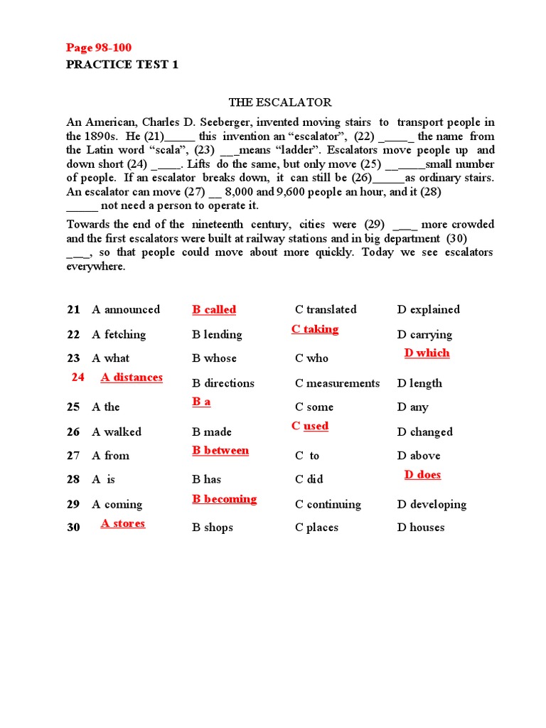 Practice Test 1: Page 98-100 | PDF | Books | Escalator