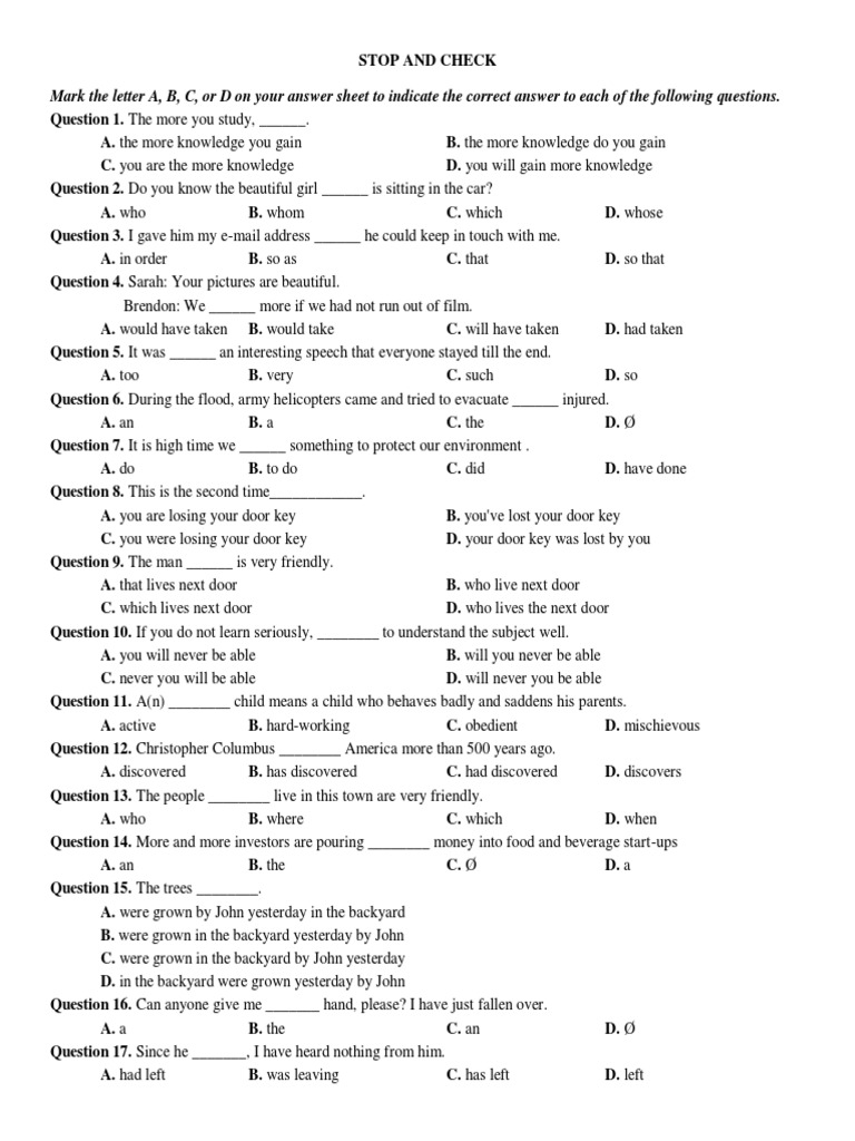 Mark The Letter A, B, C, or D On Your Answer Sheet To Indicate The ...