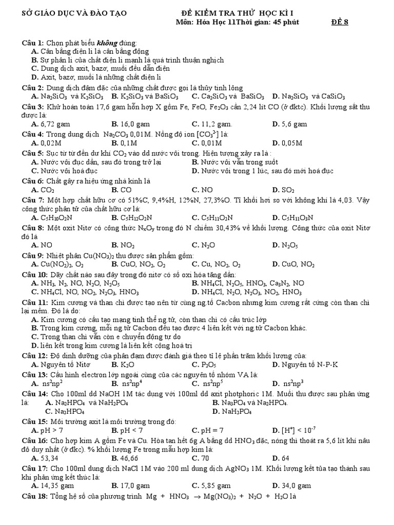 6 de Thi Thu Mon Hoa Khoi 11 - Đề | PDF