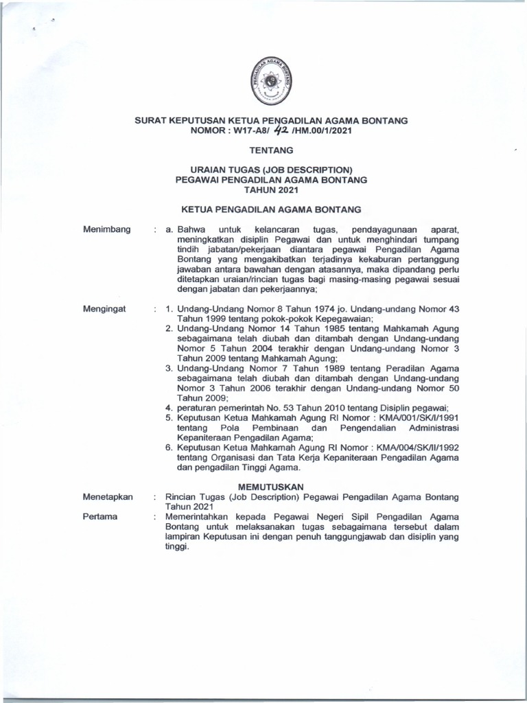 SK Uraian Tugas Job Description 2021 | PDF | Hukum