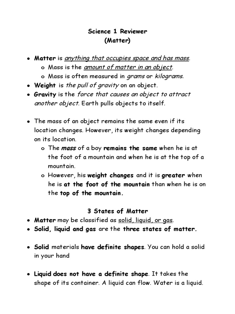 Science and Filipino Reviewer Grade 1 | PDF | Weight | Matter