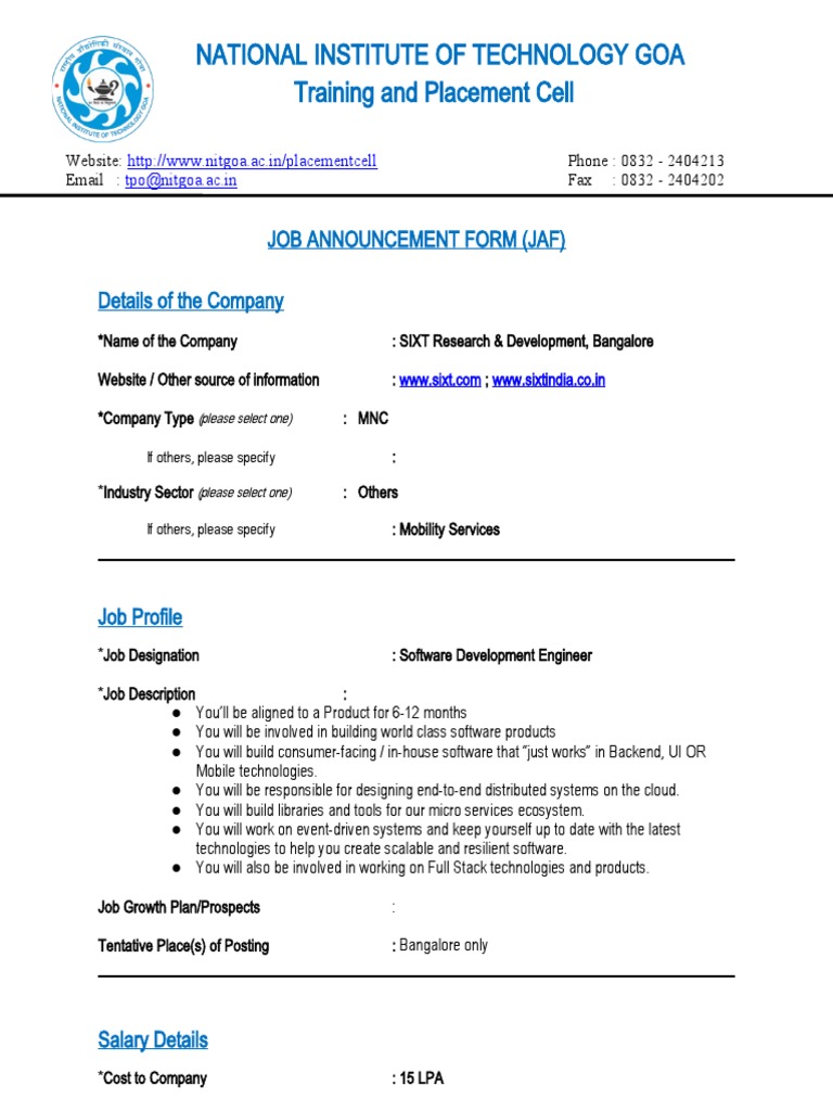 National Institute of Technology Goa Training and Placement Cell | PDF ...