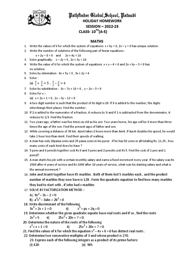 Pathfinder Global School, Pataudi: Holiday Homework SESSION - 2022-23 ...