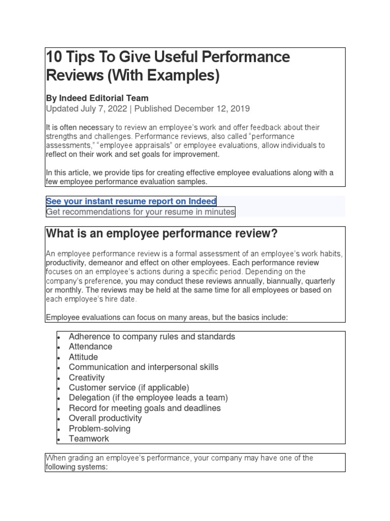 10 Tips To Give Useful Performance Reviews | PDF | Performance Appraisal | Evaluation