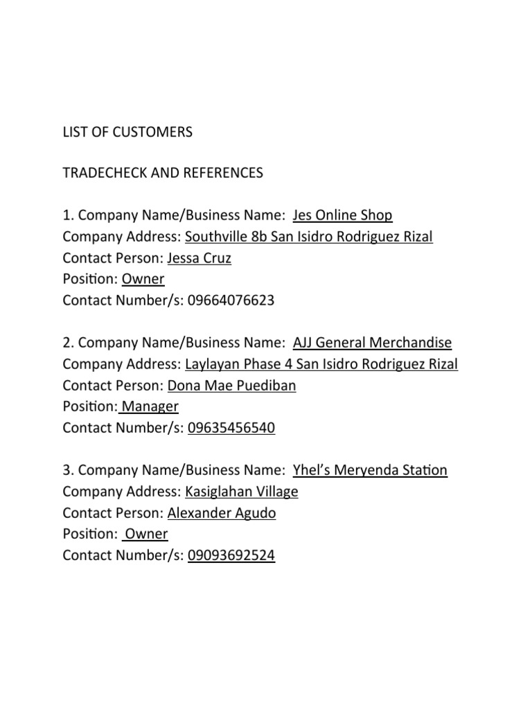 List of Customers & List of Supplier | PDF | Lifestyle