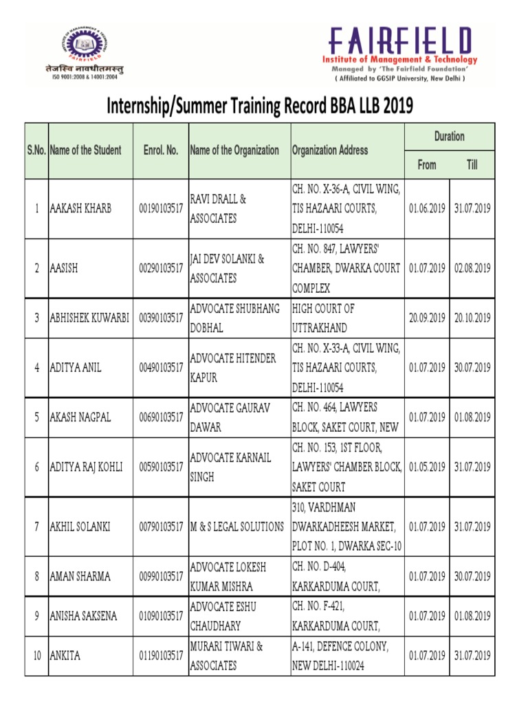 BBA LLB Internship Records 2019 | PDF | Practice Of Law | Lawyer