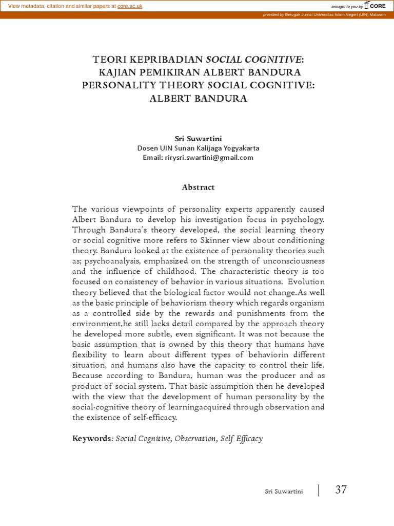 Teori Kepribadian Social Cognitive: Kajian Pemikiran Albert Bandura Personality Theory Social ...
