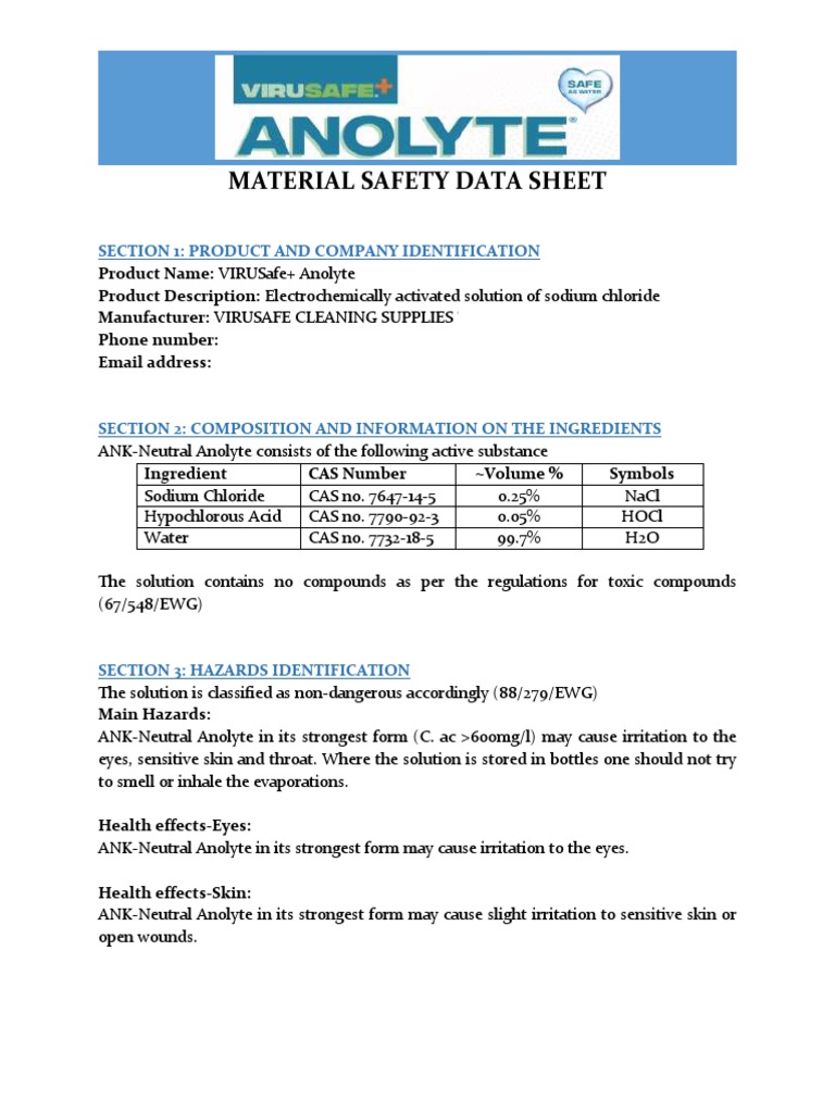 VIRUSafe+ Anolyte MSDS | PDF | Toxicity | Water