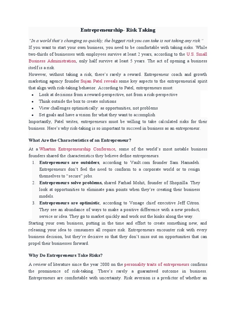 Entrepreneurship Risk Taking | PDF | Entrepreneurship | Risk