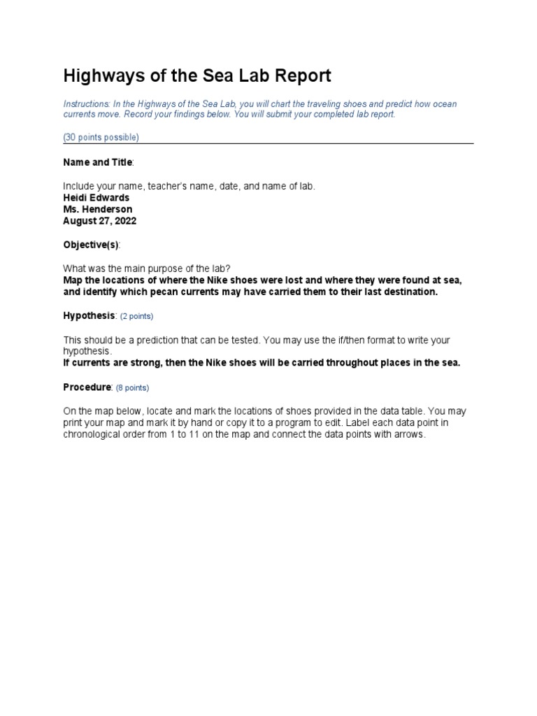 Highway Lab Report Sheet | PDF | Oceans | Sea