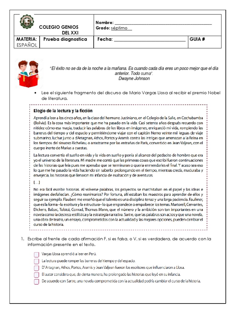 Prueba diagnostica Español septimo | PDF Prueba diagnostica Español septimo | PDF